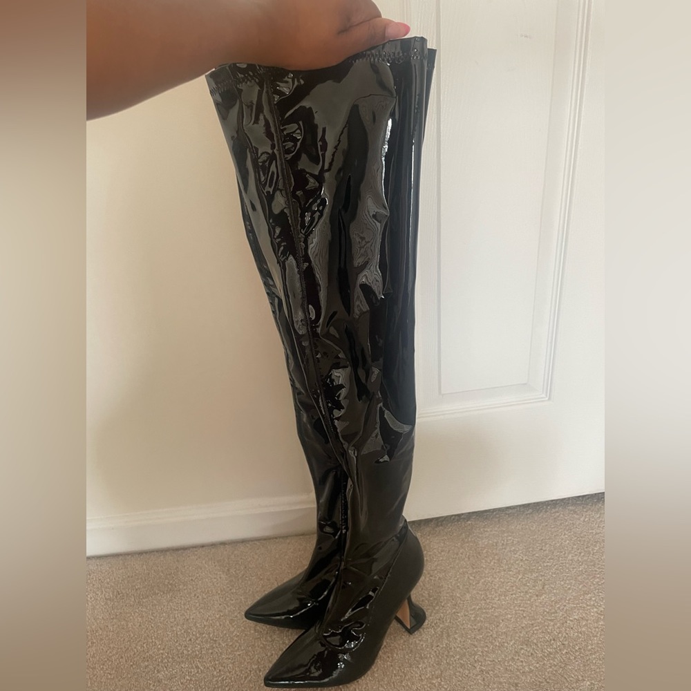 Black Patent Leather Thigh High Boots - Gem